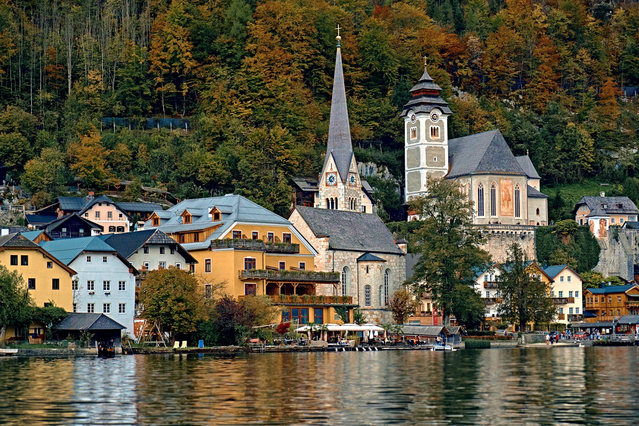 Beautiful scenic view of Austrian alps. Famous church in Hallstatt ...